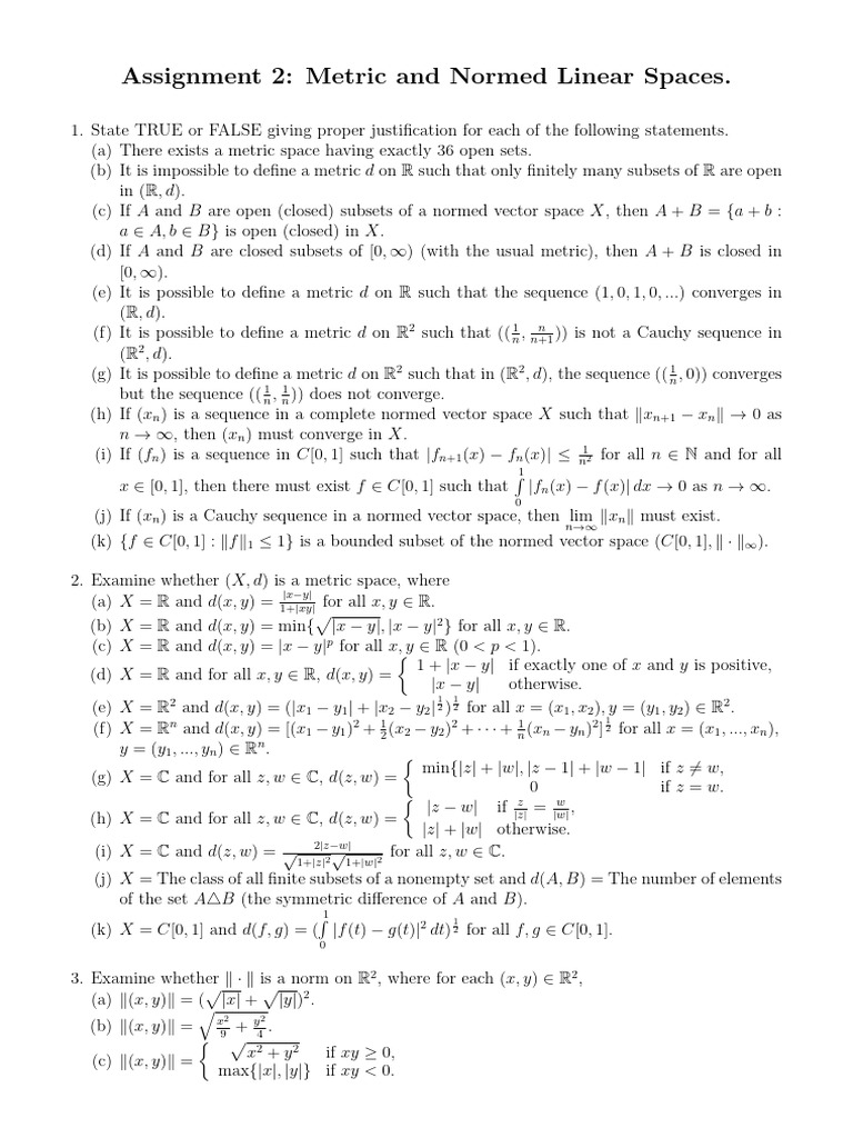 Metric Space and Norm Linear Space Important Questions | PDF | Sequence ...