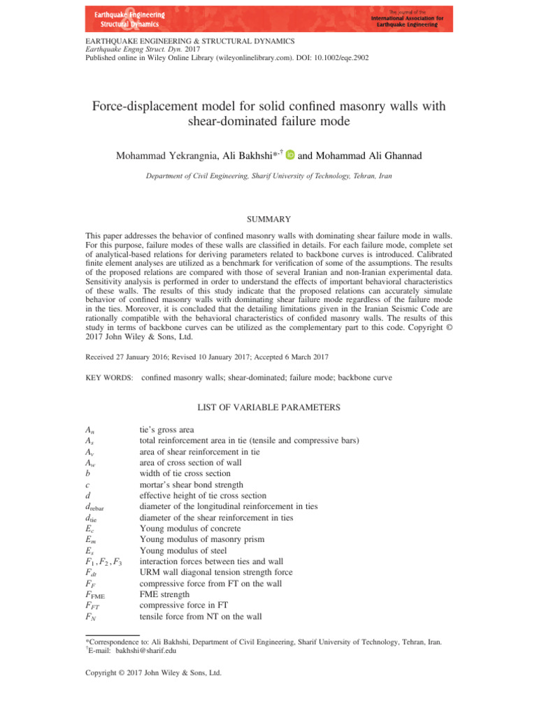 Force-Displacement Model For Solid Con Fined Masonry Walls With Shear ...