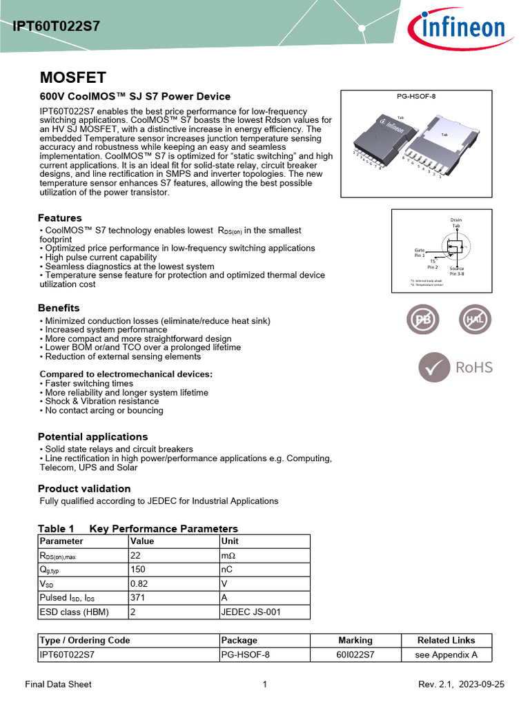Infineon IPT60T022S7 DataSheet v02 - 01 EN | PDF | Diode | Semiconductor Devices
