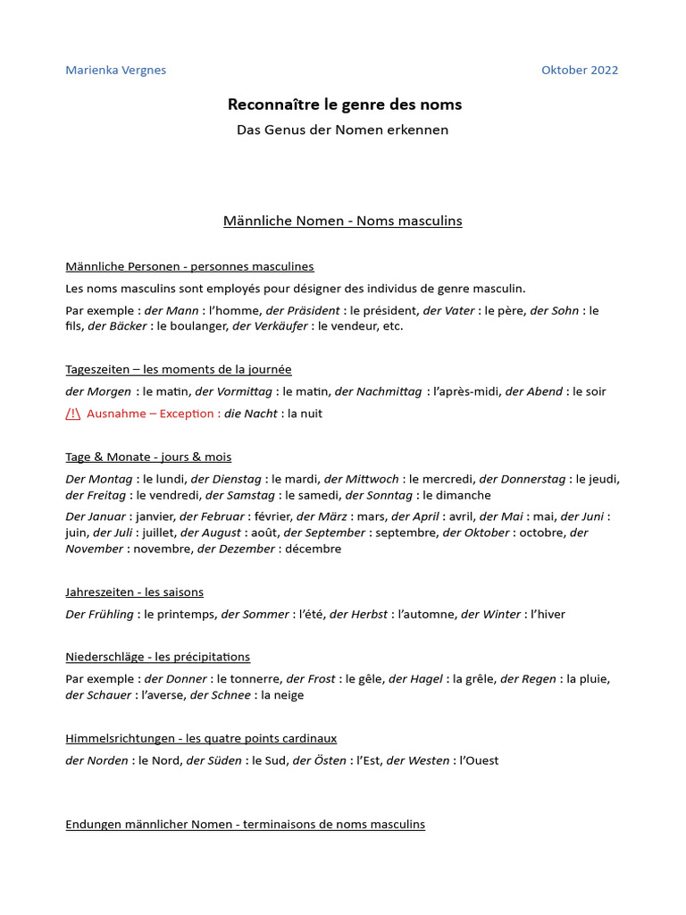 Genus Der Nomen Erkennen - Reconnaître Le Genre Des Noms | PDF