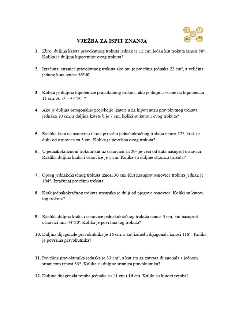VJEZBA ZA ISPIT ZNANJA - Trigonometrija Pravokutnog Trokuta | PDF