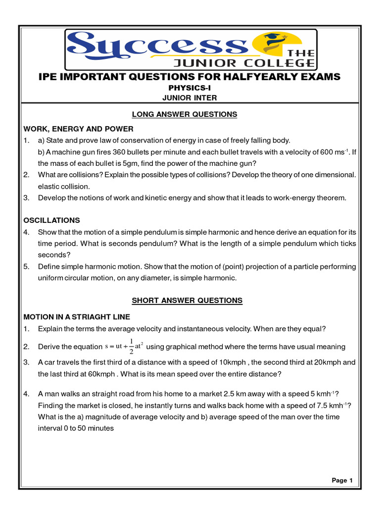 1st Year Physics Halfyearly Important Questions | PDF | Acceleration ...