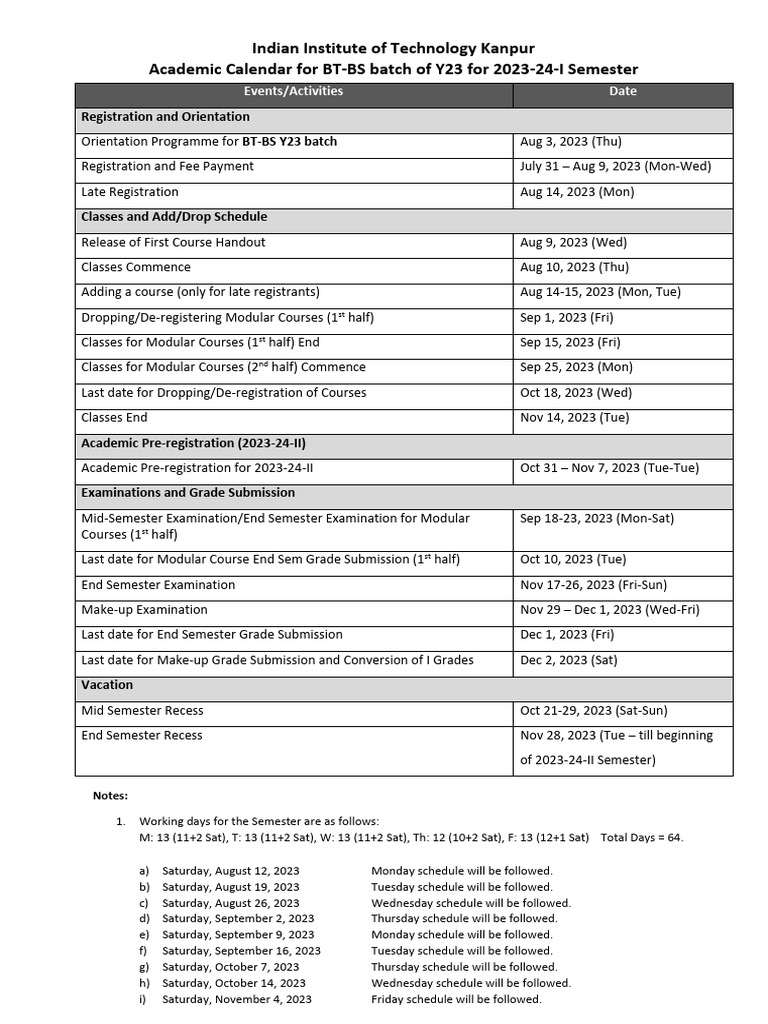 Calendar 2023 24 I BTech BS Y23 | PDF