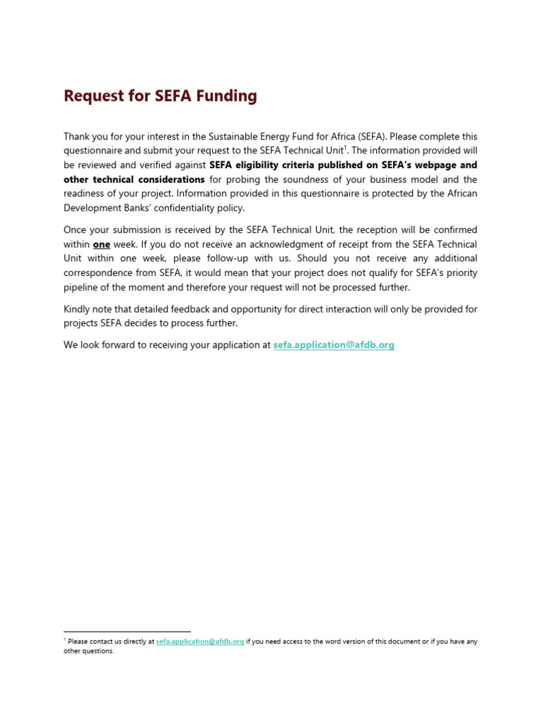 AFDB SEFA Application Sheet 4annex - 2 - Questionnaire - en - PDF | PDF