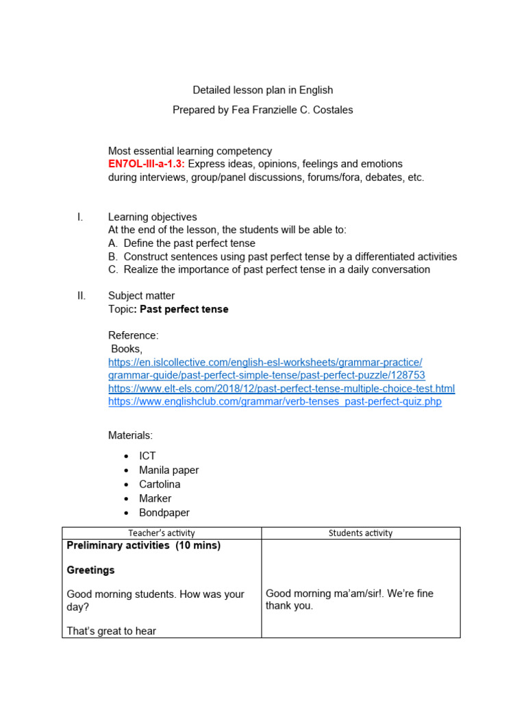 Detailed Lesson Plan in English | PDF | Grammatical Tense | Verb