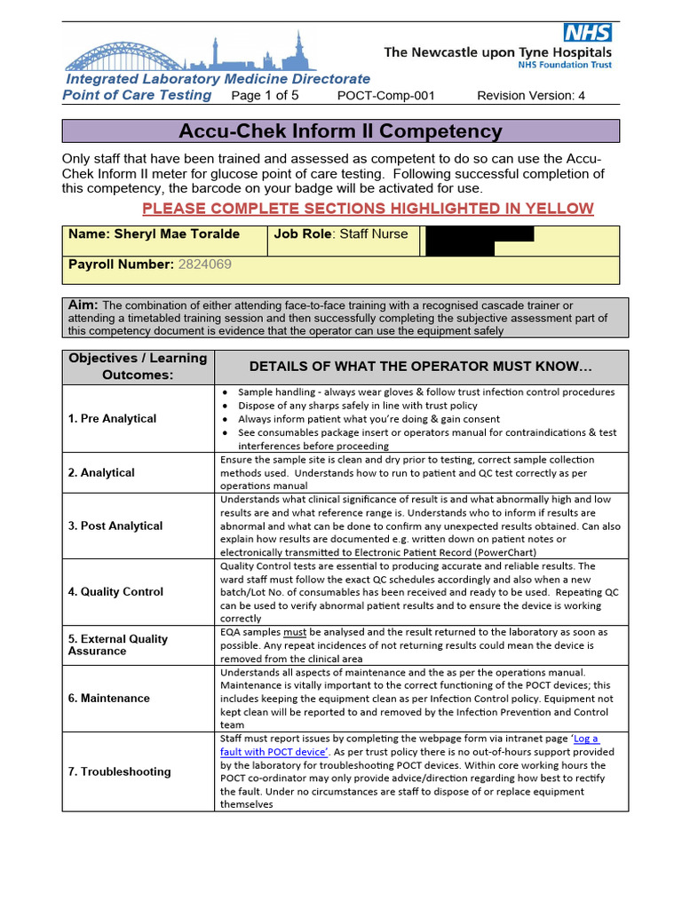Accu-Chek Inform II Competency Assessment | PDF | Medicine | Health Care
