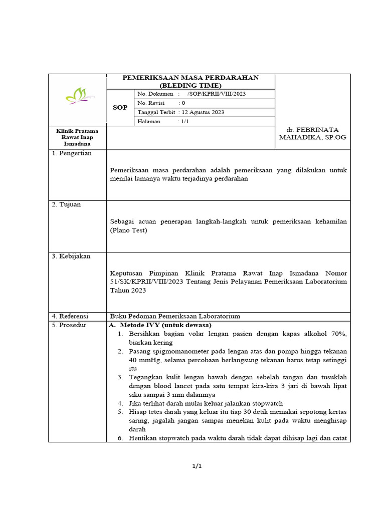 Pemeriksaan Masa Perdarahan (Bleding Time) | PDF