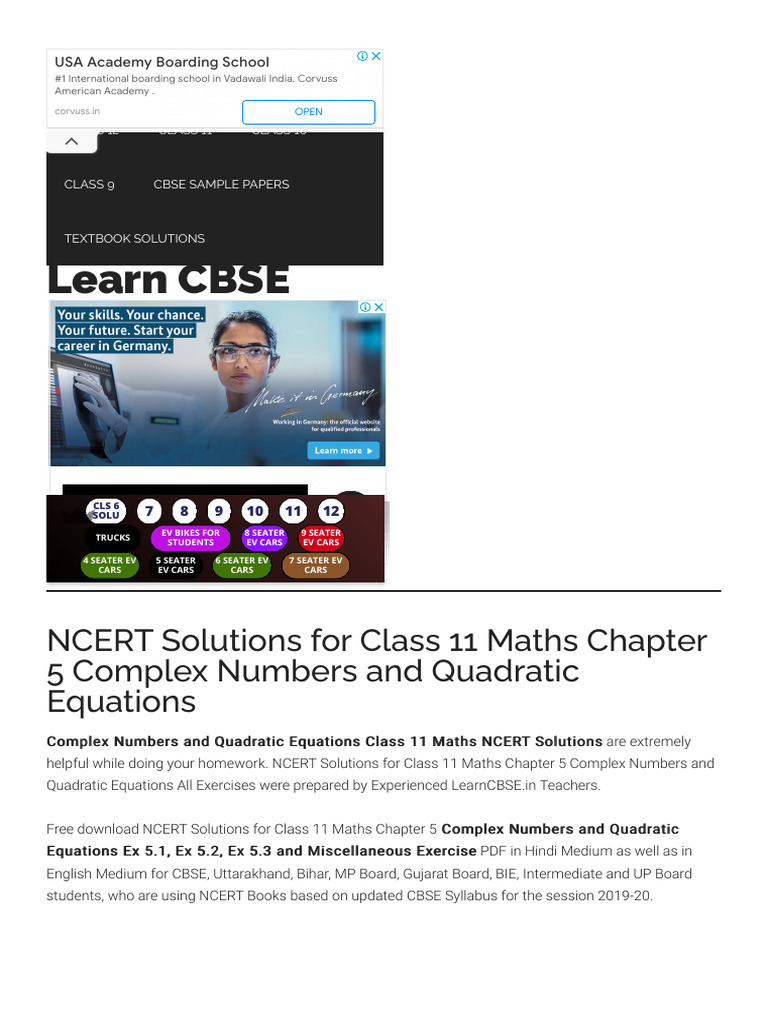 NCERT Solutions For Class 11 Maths Chapter 5 Complex Numbers and Quadratic Equations | Download ...