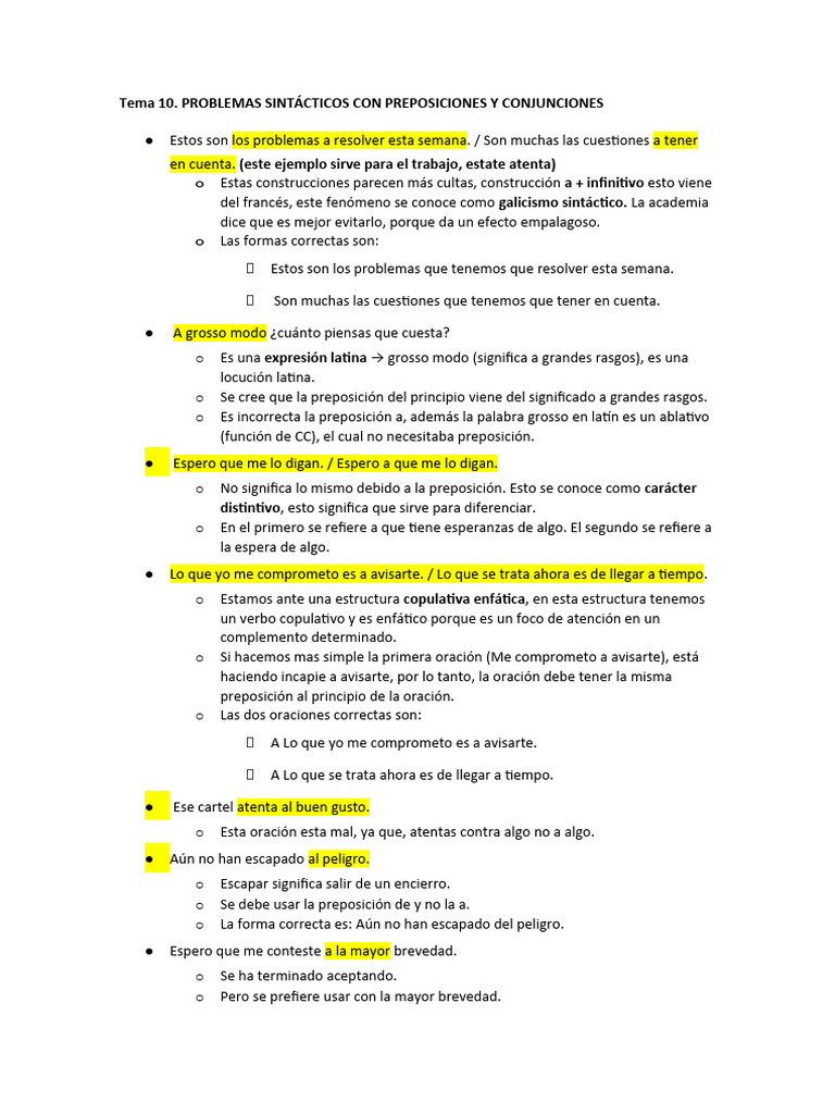 Tema 10. PROBLEMAS SINTÁCTICOS CON PREPOSICIONES Y CONJUNCIONES | PDF | Unidades Semánticas ...