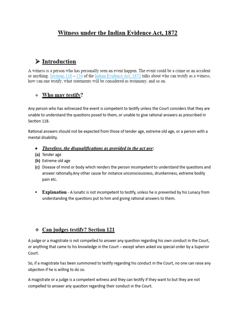 Witness Under The Indian Evidence Act | PDF | Witness | Separation Of ...