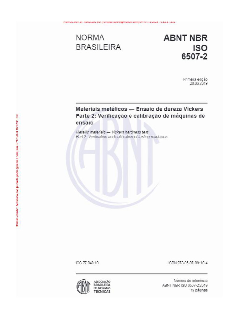 01 - Norma ABNT NBR NM-ISO-6507-2-2019 Materiais Metálicos - Ensaio de Dureza Vickers | PDF