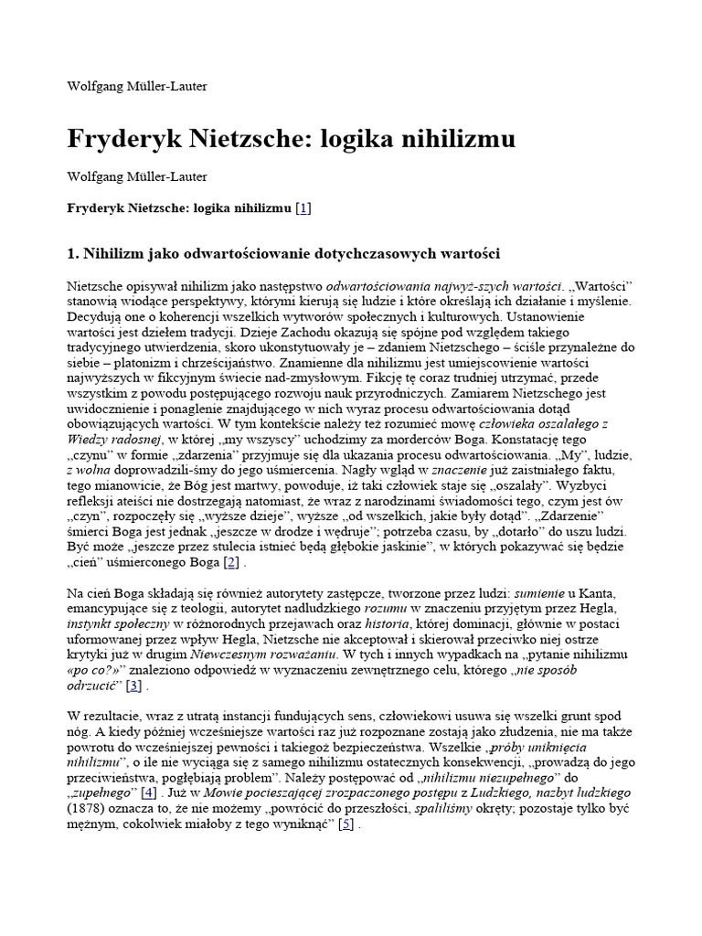 Wolfgang Müller-Lauter - Fryderyk Nietzsche Logika Nihilizmu | PDF