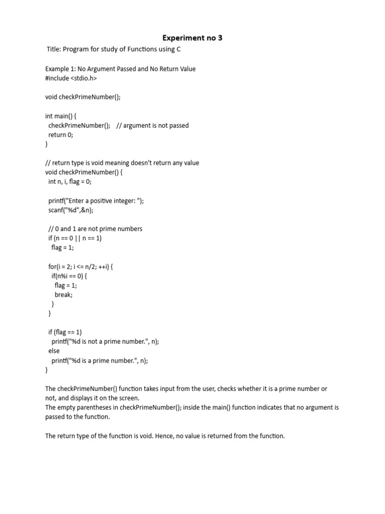 Experiment No 3 Function in C | PDF | Integer (Computer Science) | Parameter (Computer Programming)
