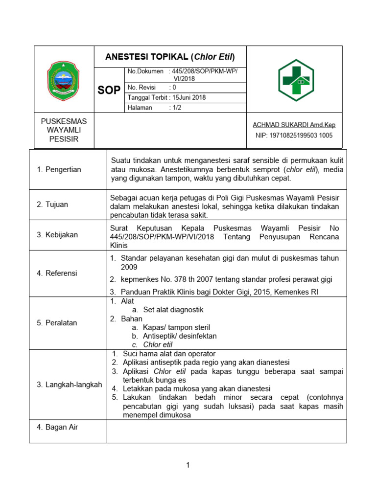 SOP Anestesi Topikal Chlor Etil | PDF | Sains & Matematika
