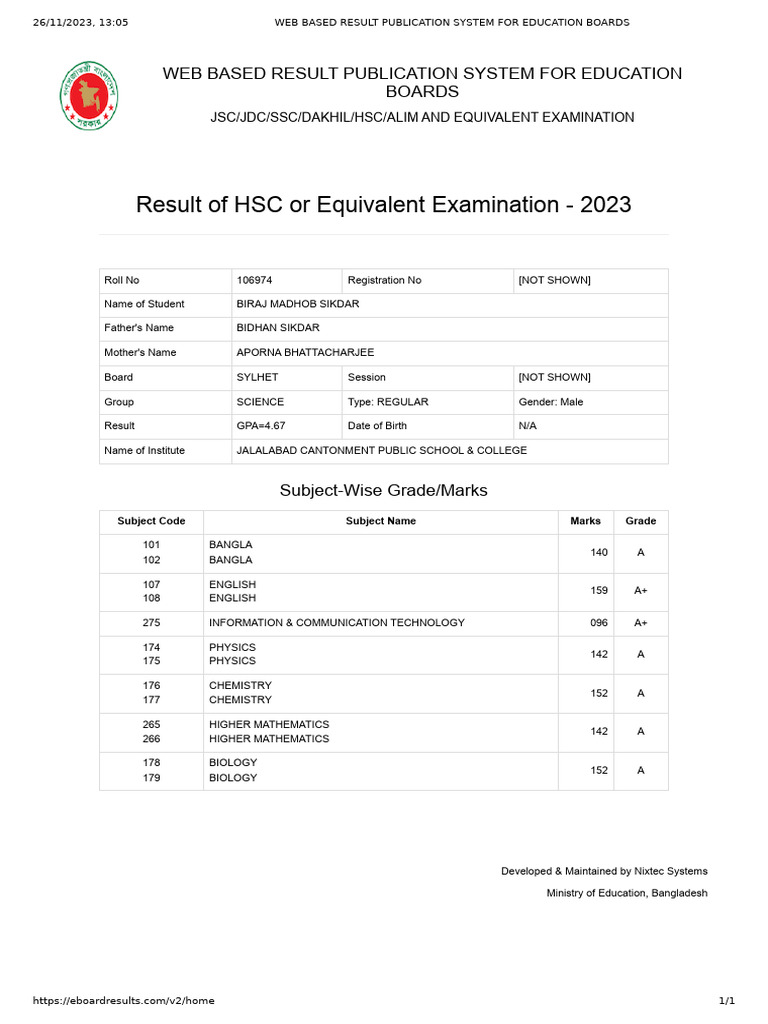 Biraj Madhob Sikhdar HSC Result 2023 | PDF | Student Assessment And Evaluation | Secondary Education