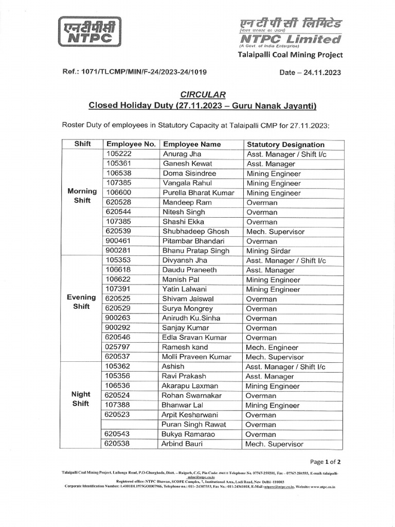 Closed Holiday Circular - Guru Nanak Jayanti | PDF