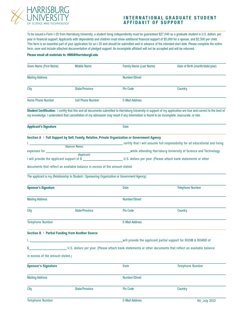 HU International Graduate Affidavit of Support | PDF