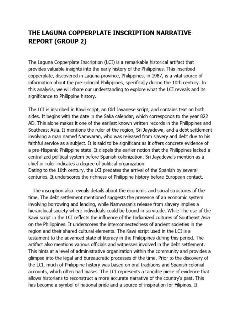The Laguna Copperplate Inscription Narrative Report (GROUP 2) | PDF