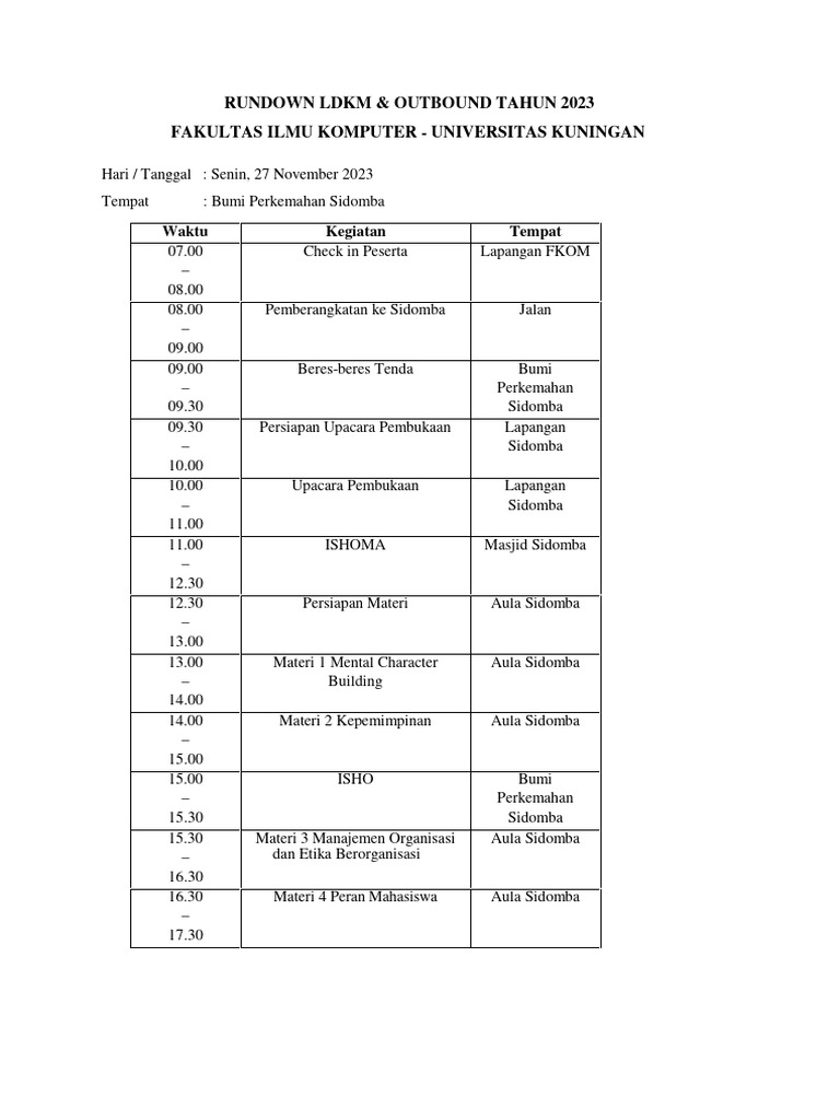 Rundown Peserta LDKM & Outbound | PDF