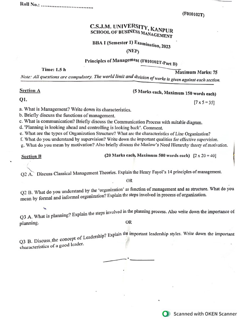 CSJMU Business Management End Semester Examination | PDF