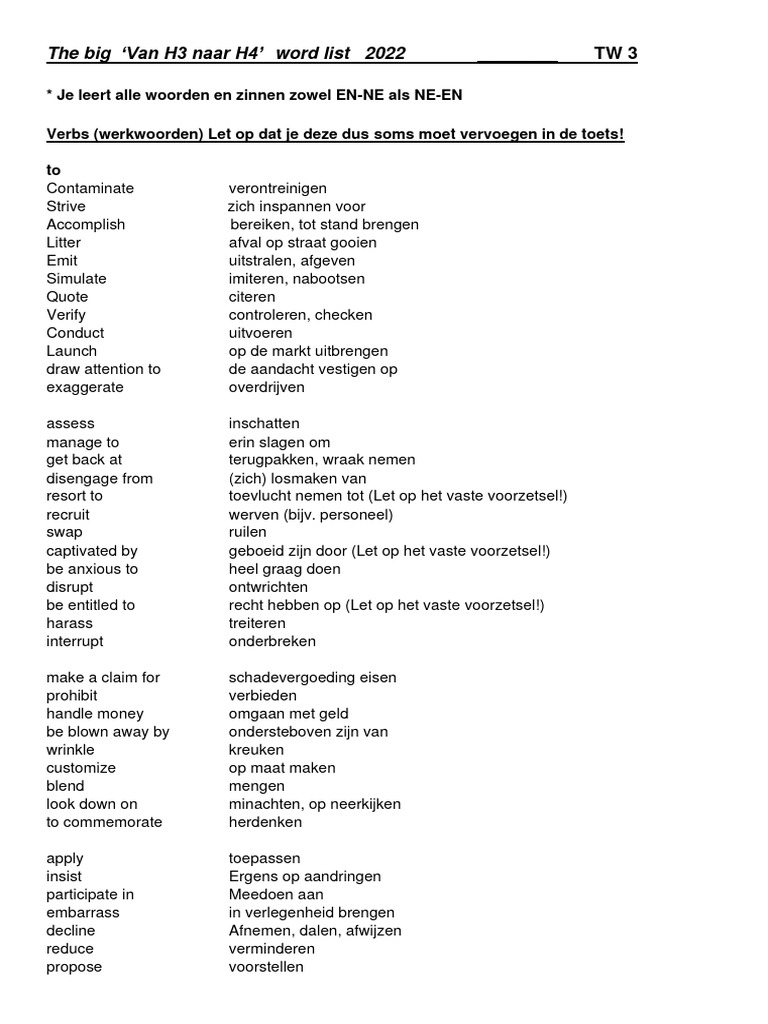 TW Woordenlijst Havo 3 Term 3 | PDF