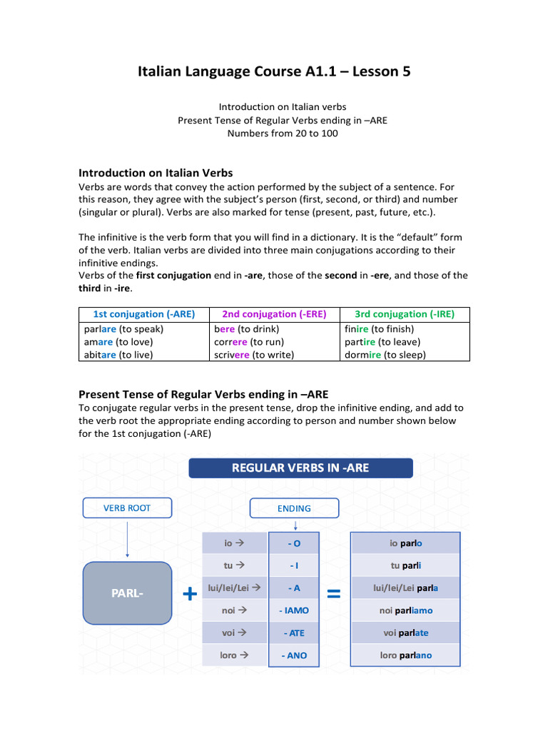 Italian A1.1 - Lesson Notes | PDF | Grammatical Conjugation | Verb