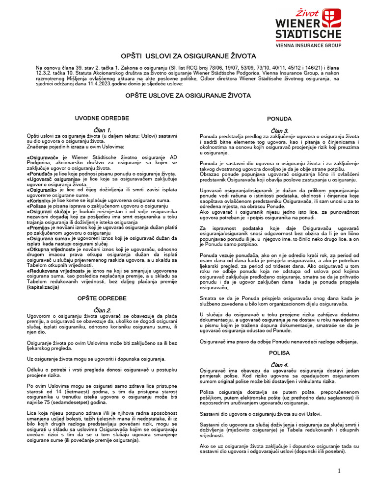 Opšti Uslovi Za Osiguranje Života | PDF