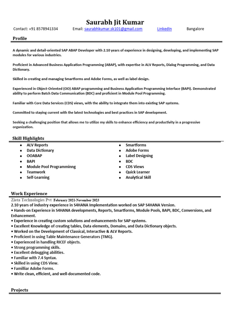 SAP ABAP Developer Resume | PDF | Computer Programming | Software Engineering