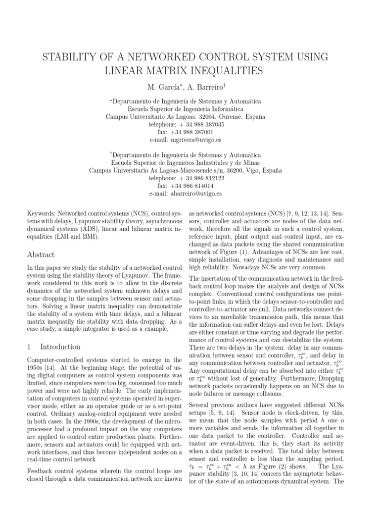 M. Garcia, A. Barreiro STABILITY OF A NETWORKED CONTROL SYSTEM USING | PDF | Discrete Time And ...