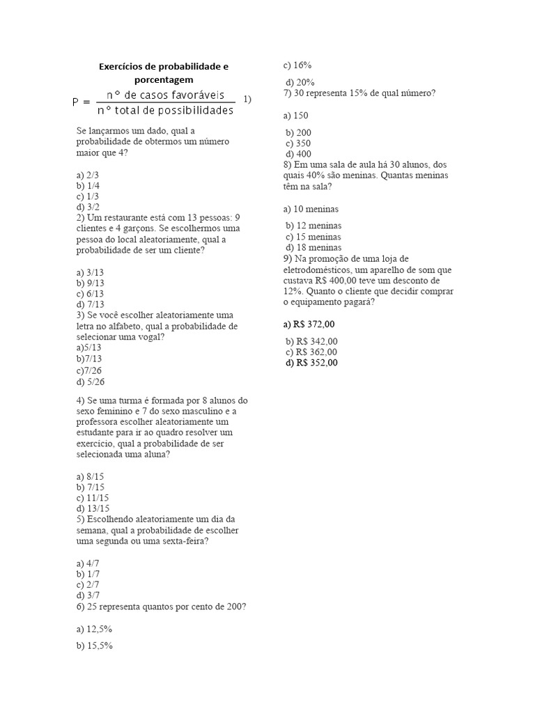 Exercícios de Probabilidade e Porcentagem | PDF