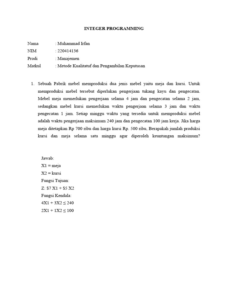 Tugas - Integer Programming Metode Kuantitatif Dan Pengkep - Muh Irfan | PDF