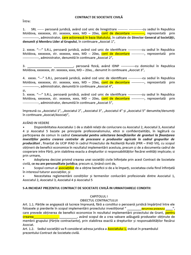 Contract de Societate Civilă Model | PDF