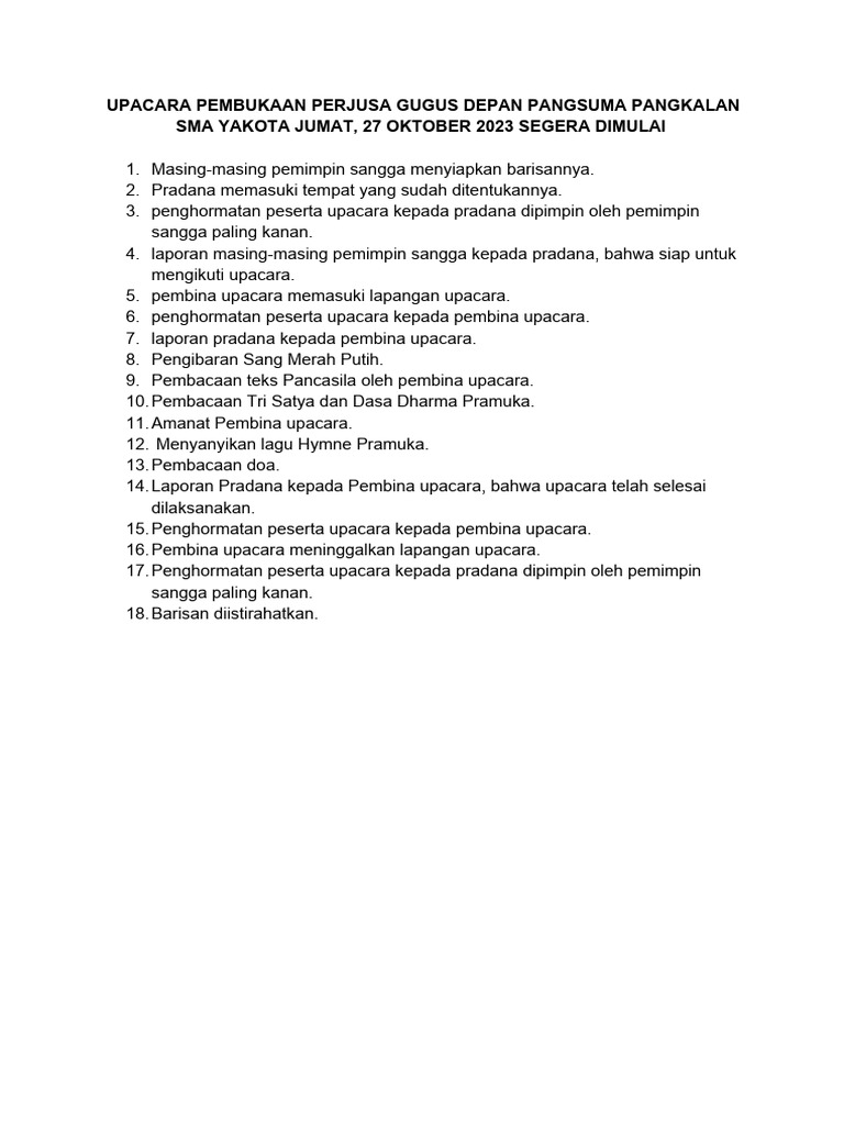 Susunan Upacara Pembukaan Perjusa 27-28 Oktober 2023. | PDF