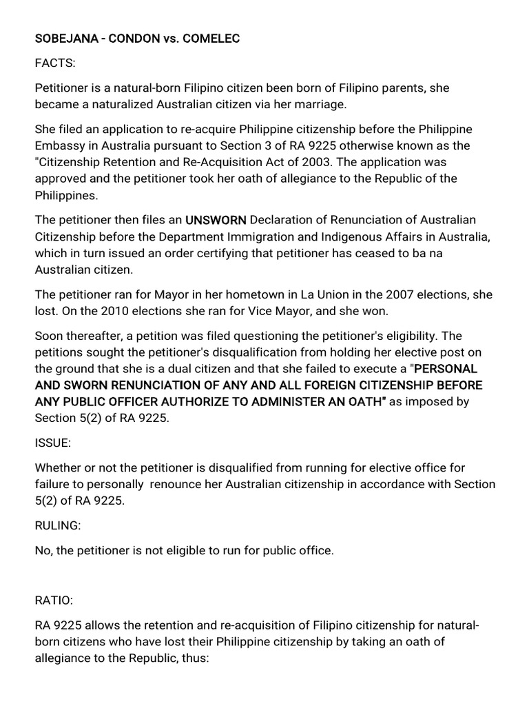 Sobejana Condon vs. COMELEC Orito WRE | PDF | Naturalization | Citizenship
