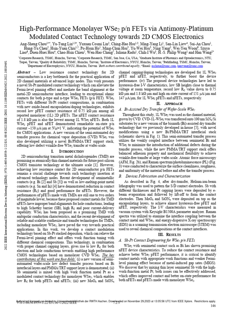 High-Performance WSe2 p/n FETs | PDF | Mosfet | Field Effect Transistor