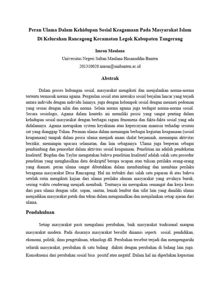 Peran Ulama Dalam Kehidupan Sosial Keagamaan Masyarakat Islam Di Kelurahan Rancagong Keamatan ...
