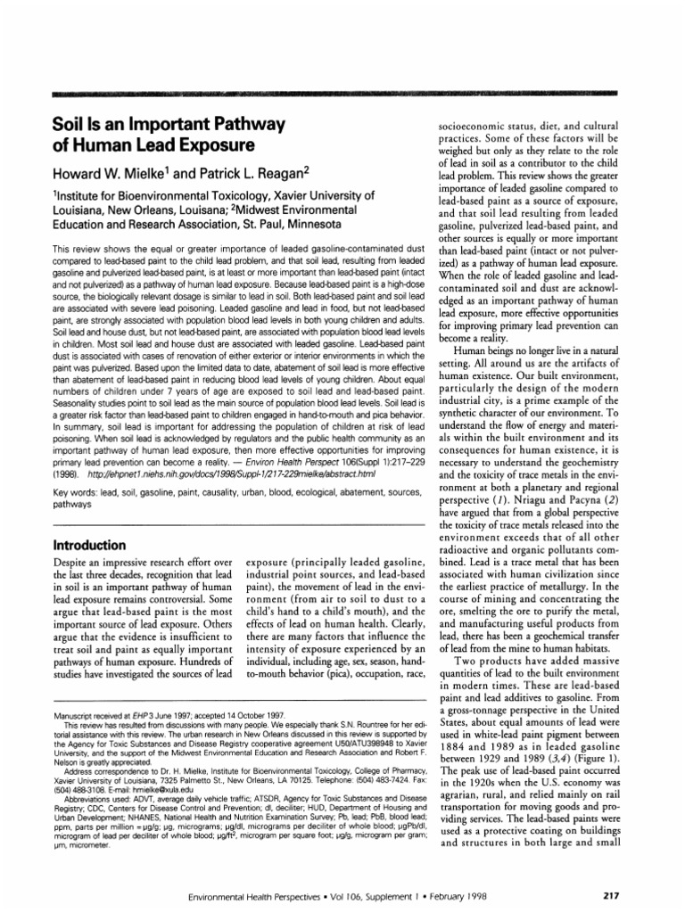 Mielke Reagan 1998 Soil Is An Important Pathway of Human Lead Exposure ...
