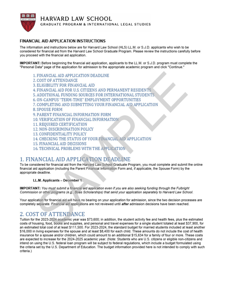 Financial Aid Sample Application 2024 | PDF