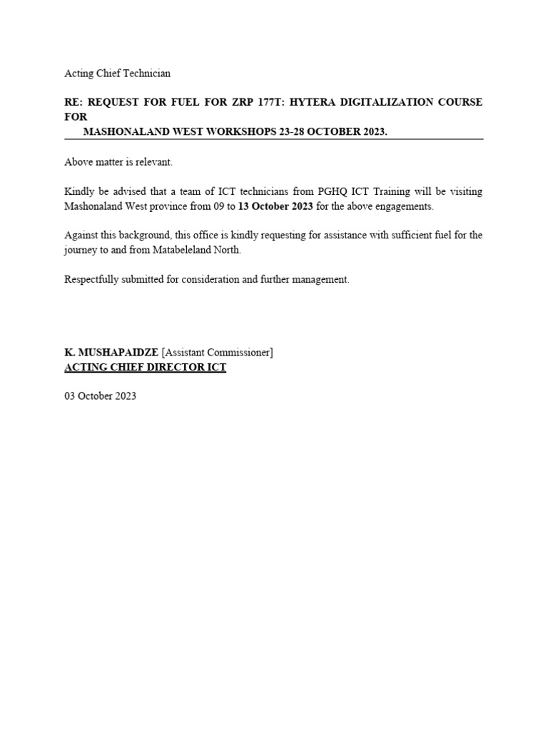 Fuel Request for ICT Training Course | PDF