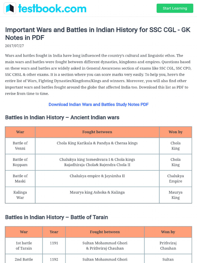 Important Wars Battles in Indian History PDF | PDF