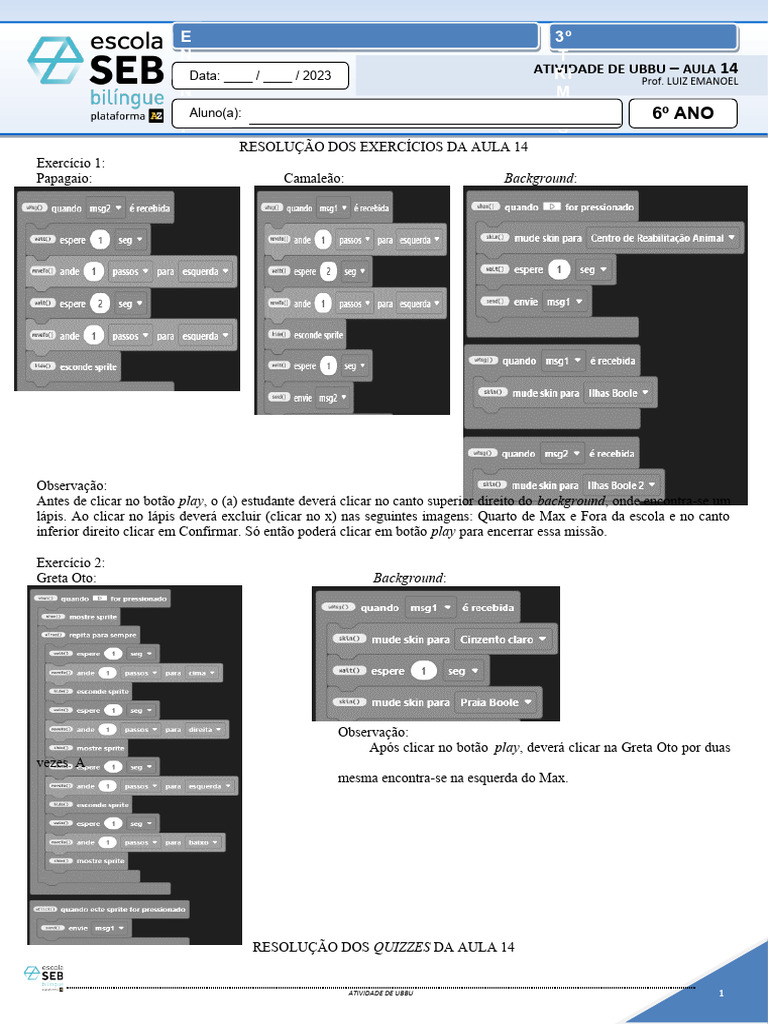 Atividade de UBBU - 6º Ano - Aula 14 | PDF