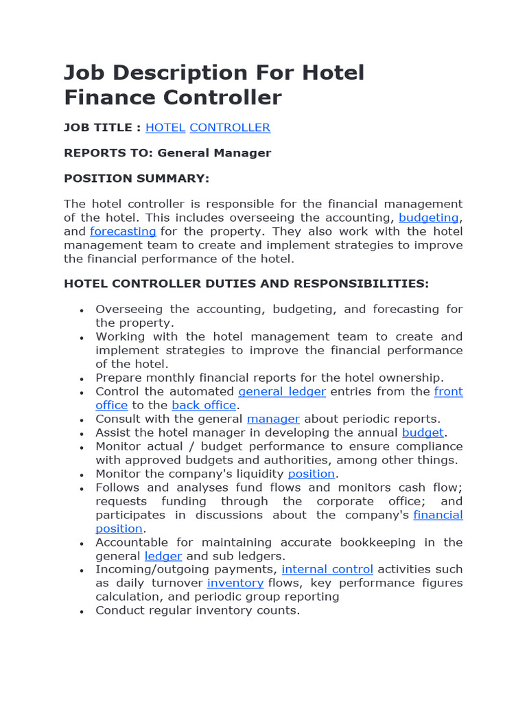 Job Description For Hotel Finance Controller | PDF