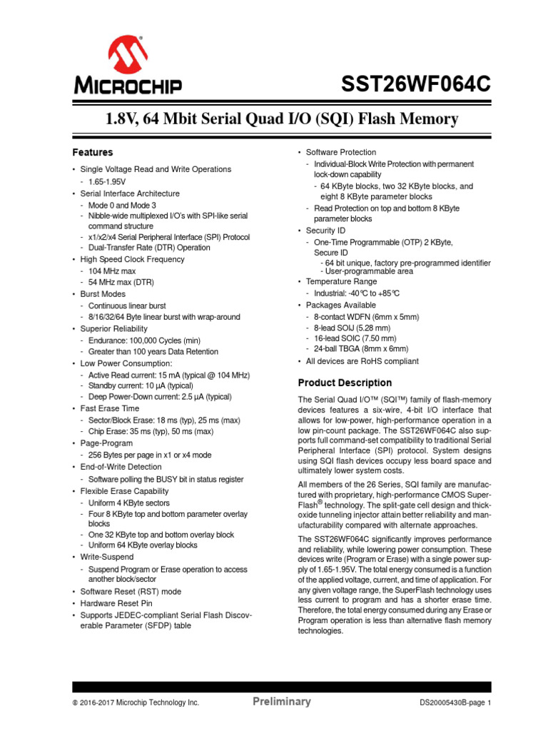 SST26WF064C: 1.8V, 64 Mbit Serial Quad I/O (SQI) Flash Memory | PDF | Flash Memory | Input/Output
