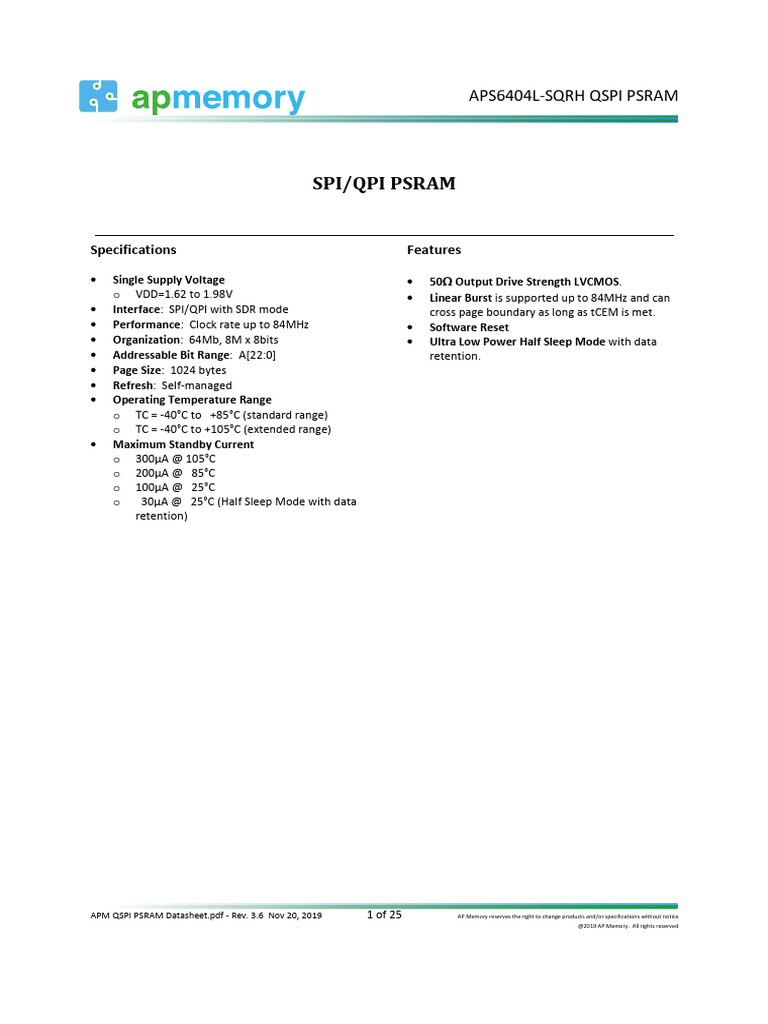 APS6404L-SQRH QSPI PSRAM Datasheet | PDF | Dynamic Random Access Memory ...