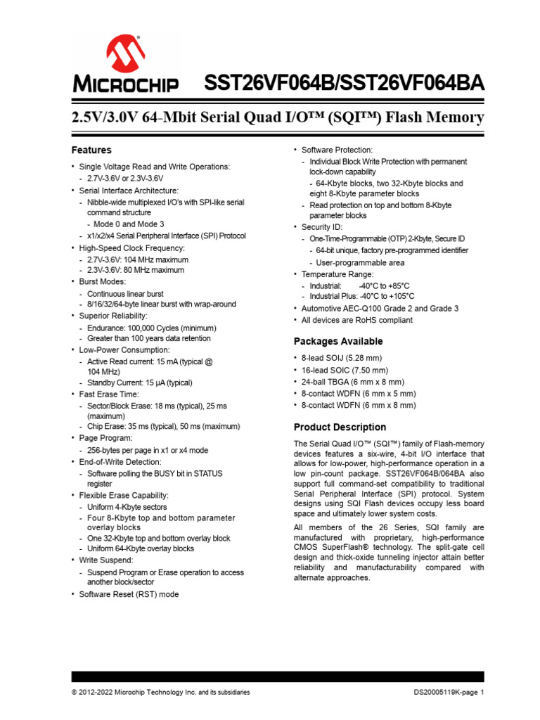 SST26VF064B SST26VF064BA 2 5V 3 0V 64 Mbit Serial - 2935898 | PDF | Flash Memory | Input/Output