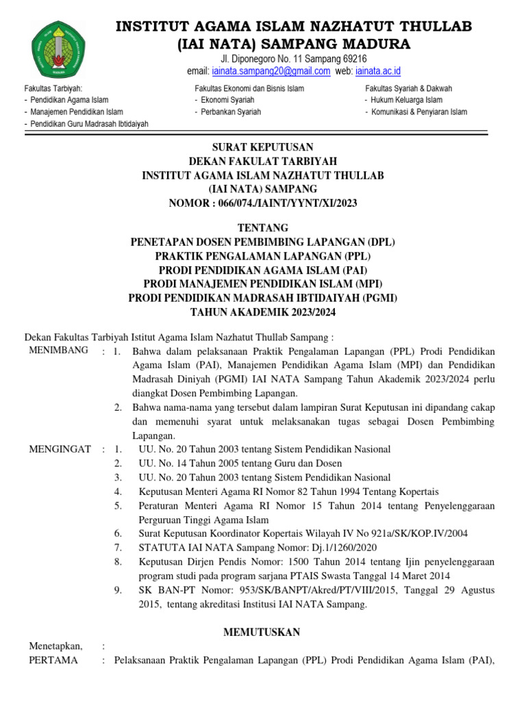 SK DPL Fakultas Tarbiyah 2023 | PDF SK DPL Fakultas Tarbiyah 2023 | PDF