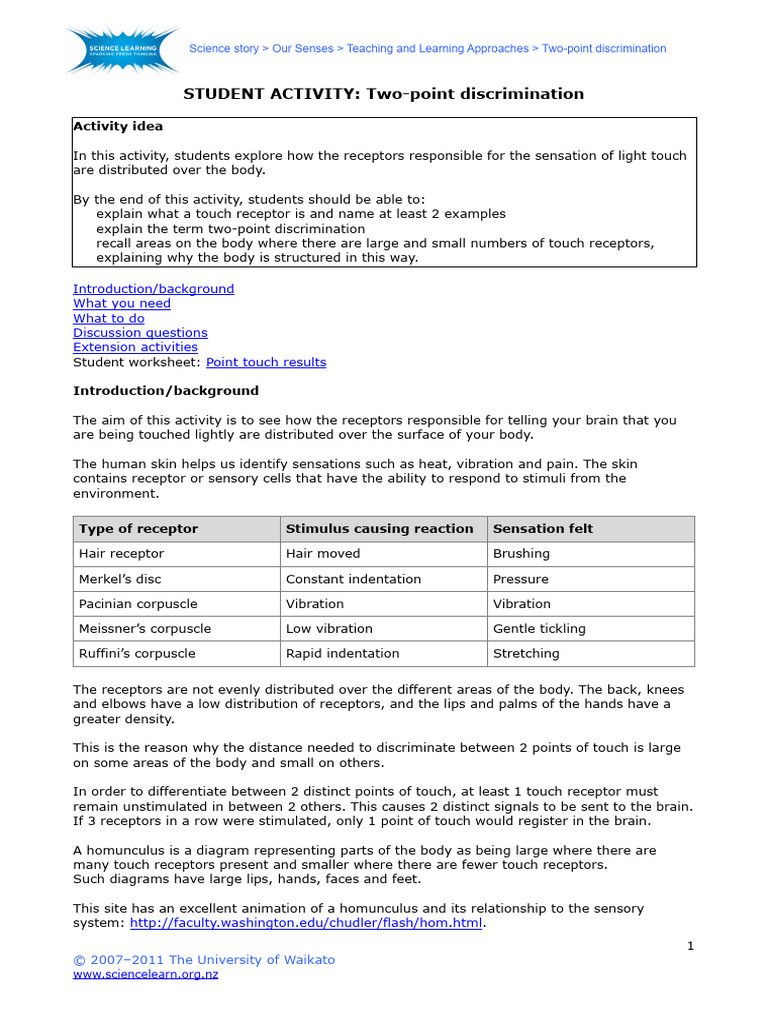 Two-Point Discrimination Activity Guide | PDF | Somatosensory System ...