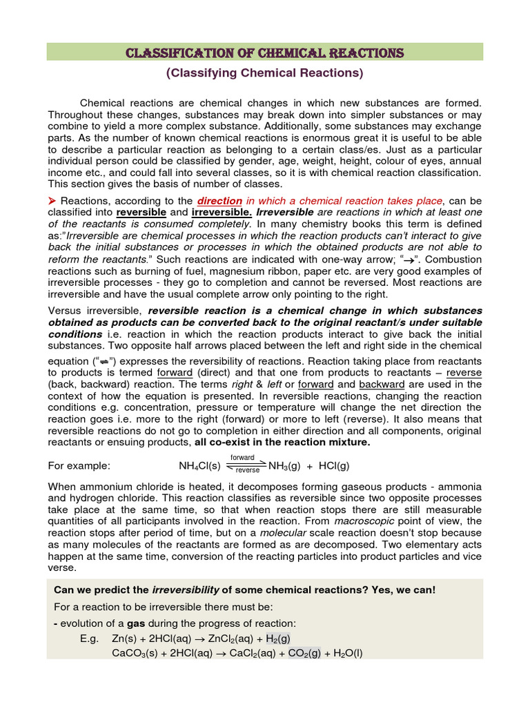 Classification of Chemical Reactions | PDF | Chemical Reactions | Polymers
