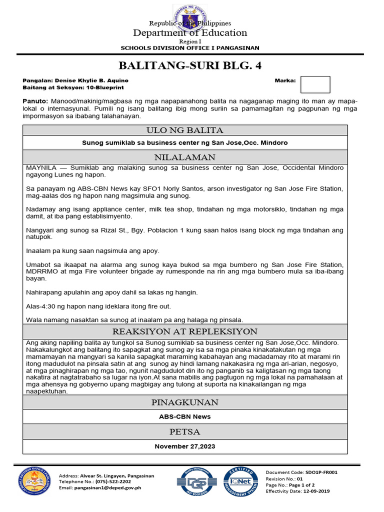 Balitang Suri Template Aral Basa Aral Balita 1 | PDF