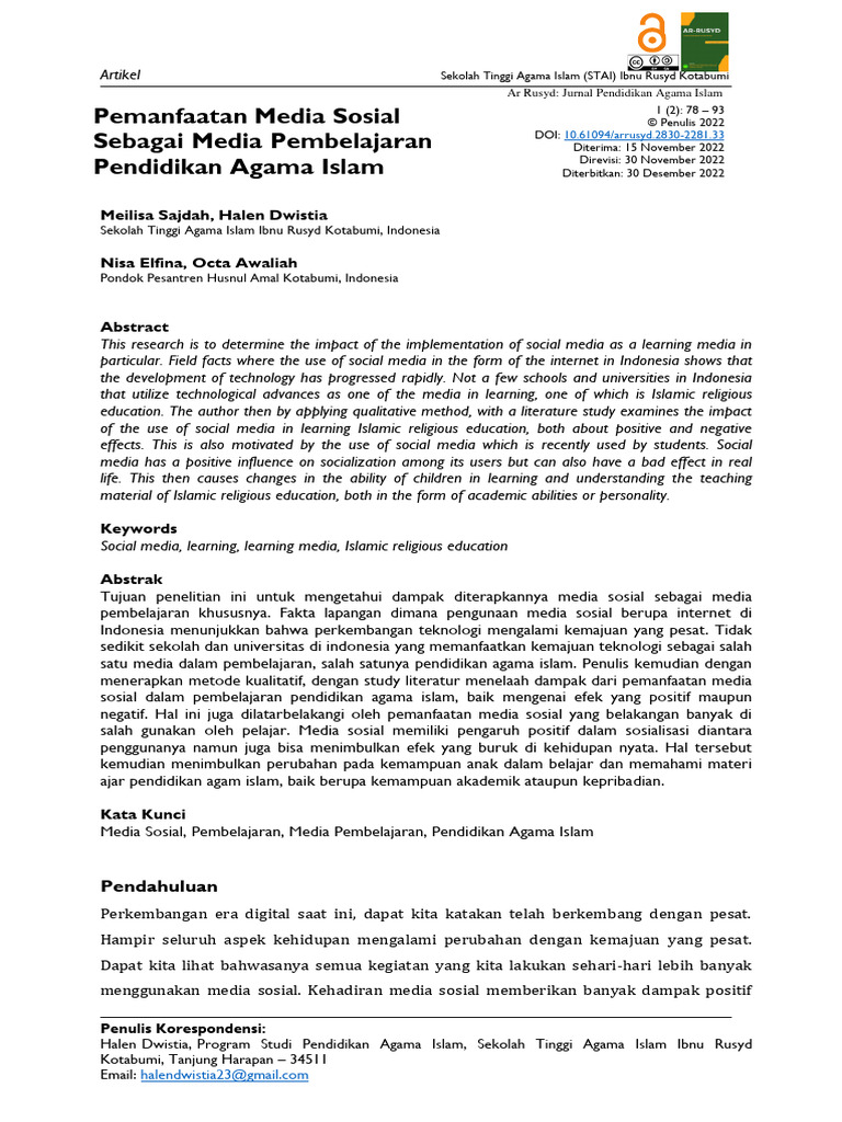 Pemanfaatan Media Sosial Sebagai Media Pembelajaran Pendidikan Agama Islam | PDF